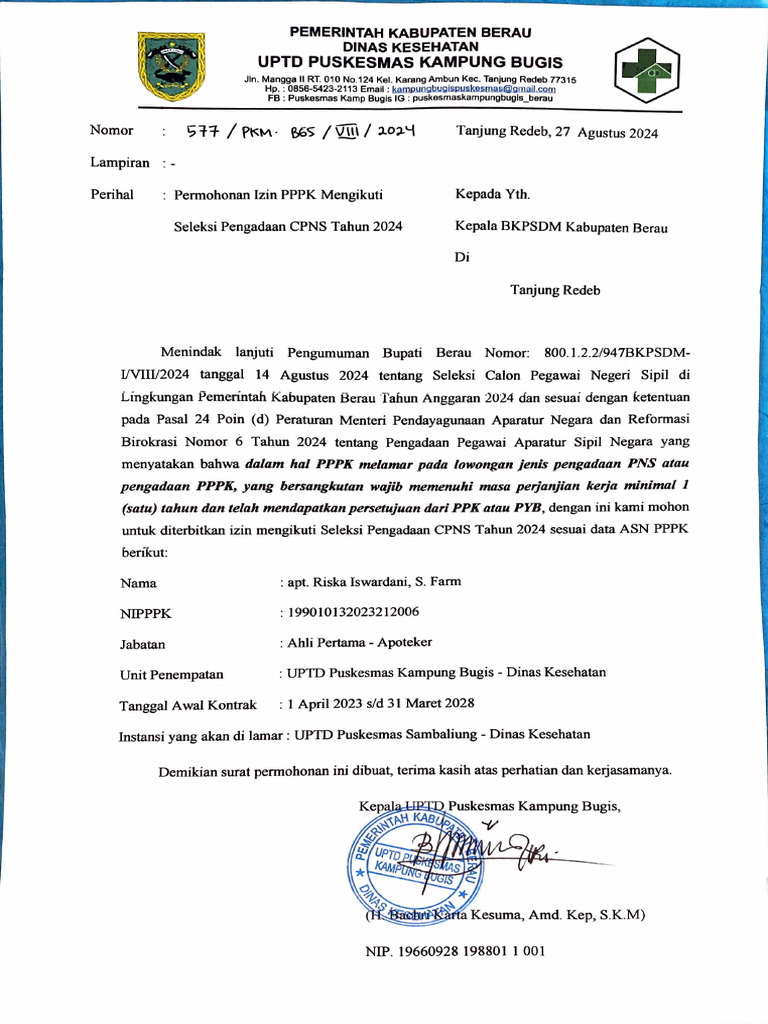 Surat Ijin PPPK Mengikuti Cpns | PDF