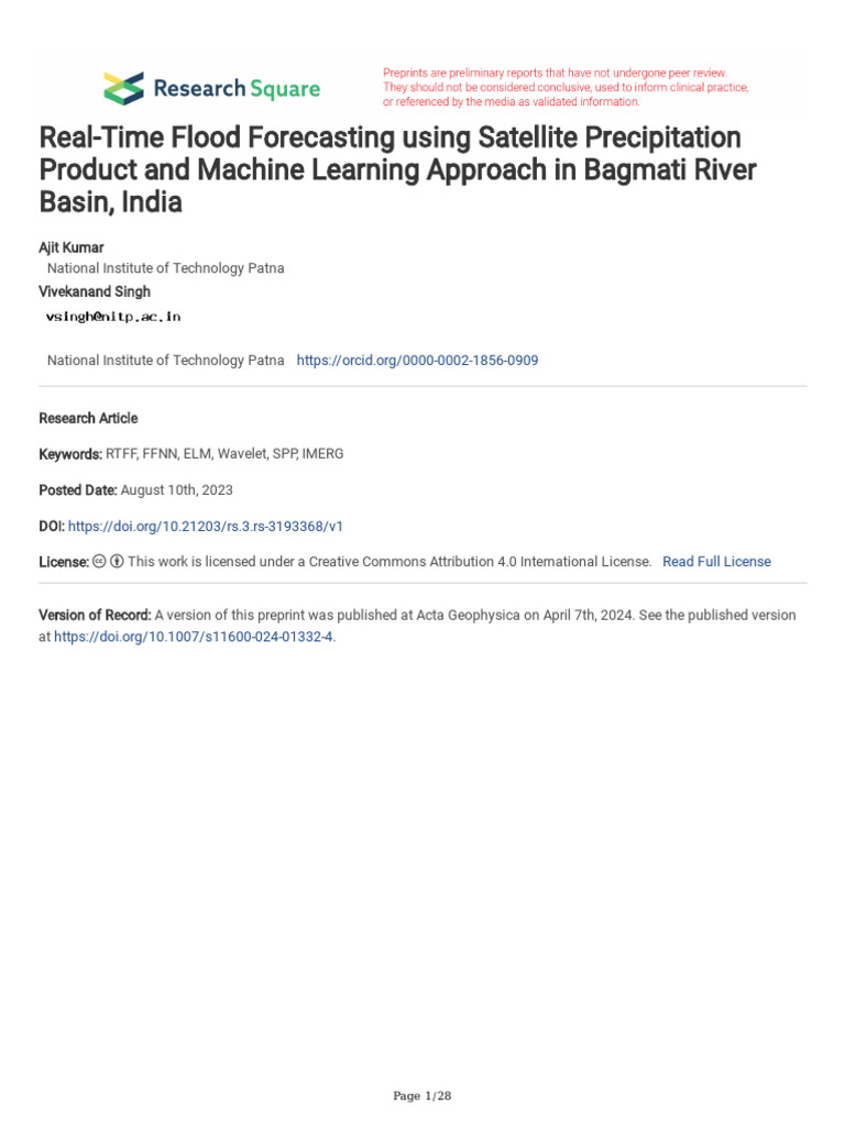 Flood Forecasting for Bagmati River | PDF | Wavelet | Artificial Neural Network