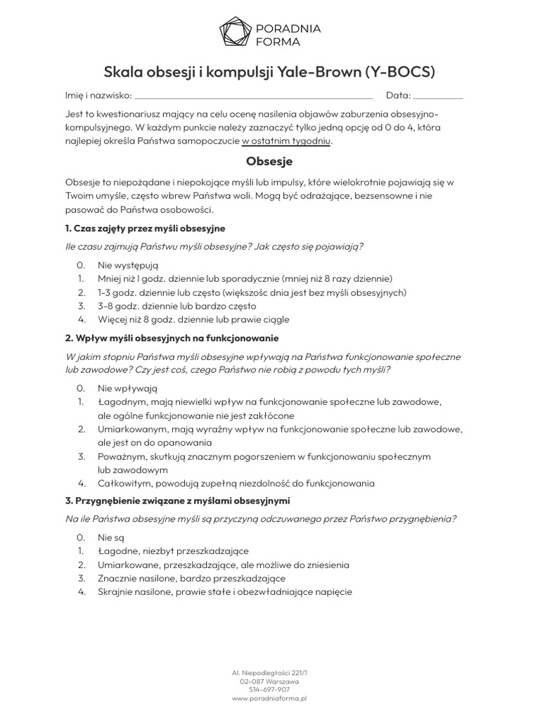 Skala Obsesji I Kompulsji Yale-Brown (Y-BOCS) Do OCD | PDF