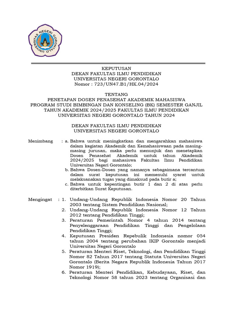 Penetapan Dosen PA BK 2024/2025 | PDF