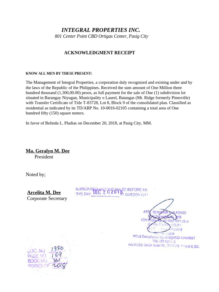 Acknowledgement T-83728 Lot 8 Block 9 Belinda | PDF