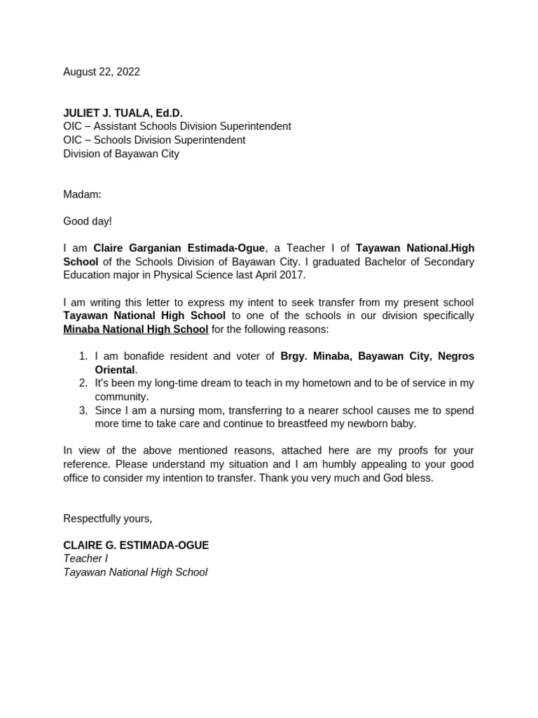 Letter of Intent for Transfer | PDF