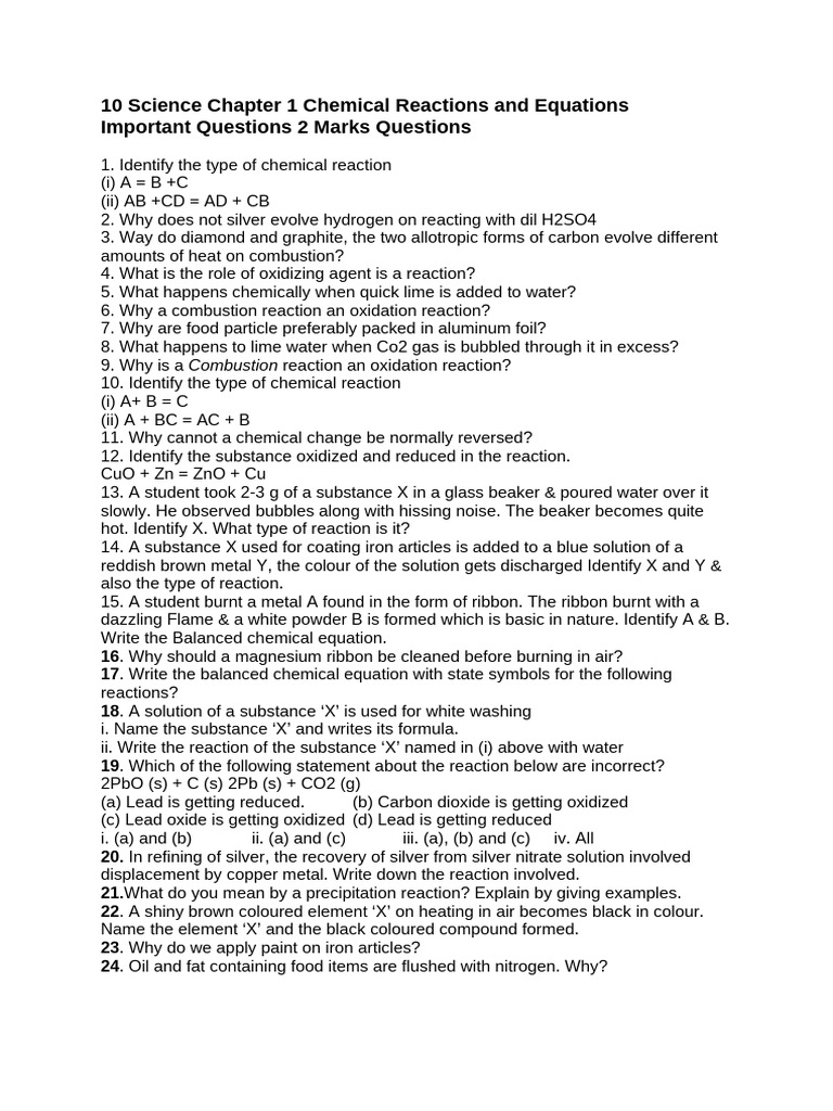 10 Chem Chemical Reactions 2M Ques (5) | PDF | Chemical Reactions | Oxide