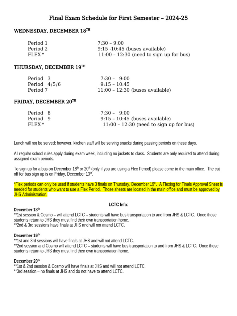 1st Semester Final Exam Schedule - 2024-25 | PDF