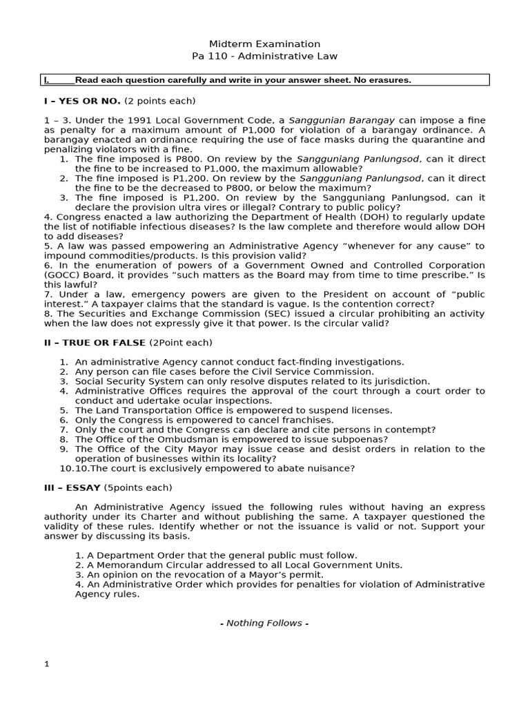 Administrative Law Midterm Exam | PDF | Justice | Crime & Violence