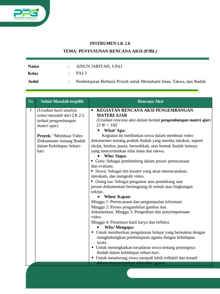Instrumen LK 2.6 - Rencana Aksi (MODUL PROFESIONAL 6 - PJBL) | PDF