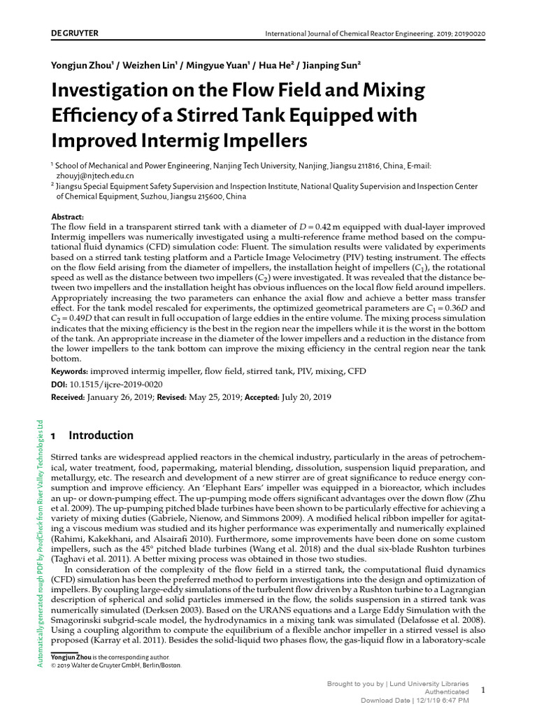 Investigation On The Flow Field and Mixing Efficiency of A Stirred Tank ...