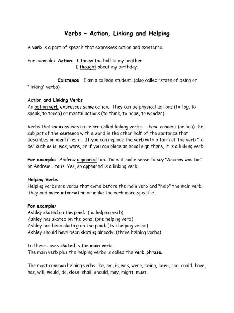 Verbs - action linking and helping | PDF