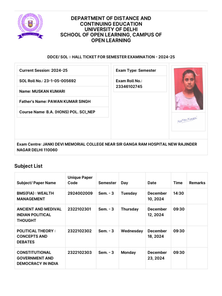 Ddce - Sol - Hall Ticket For Semester Examination - 2024-25 | PDF
