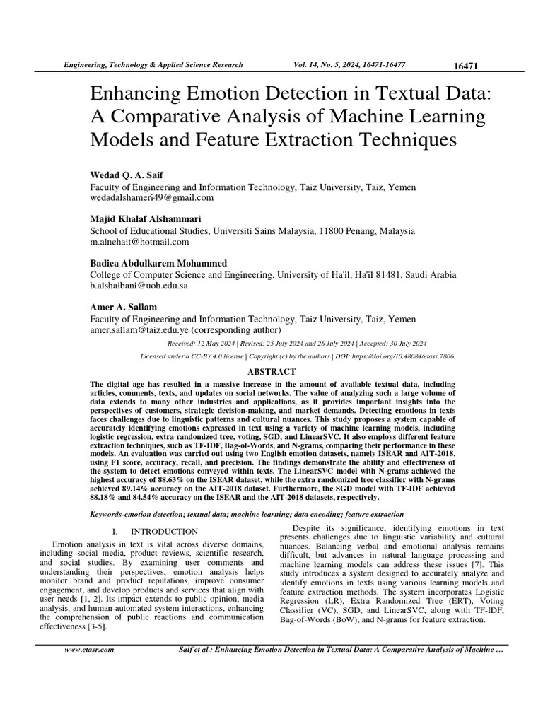 Enhancing Emotion Detection in Textual Data: A Comparative Analysis of Machine Learning Models ...