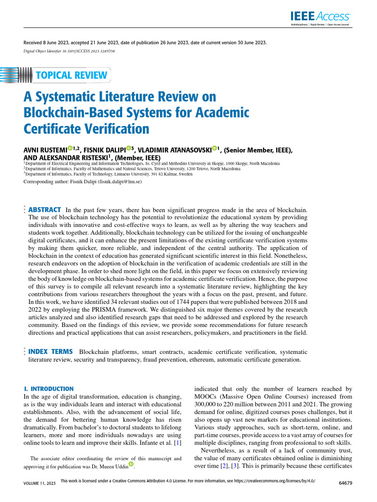 A Systematic Literature Review On Blockchain Based Systems For Academic