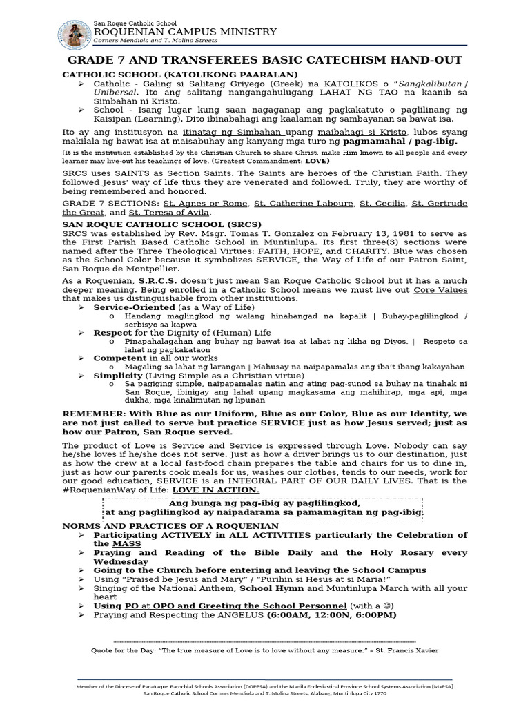 CampusMin - Grade 7 Basic Catechism Hand-out | PDF | Catholic Church