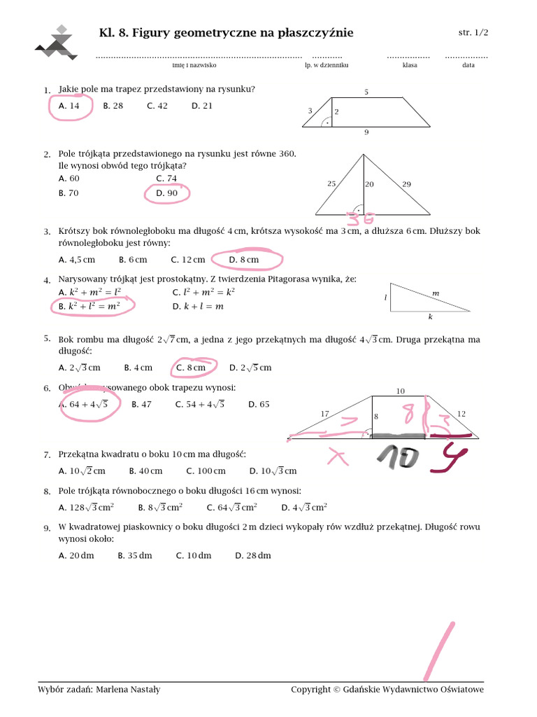 Kl. 8. Figury Geometryczne Na Płaszczyźnie: A. B. C. D | PDF