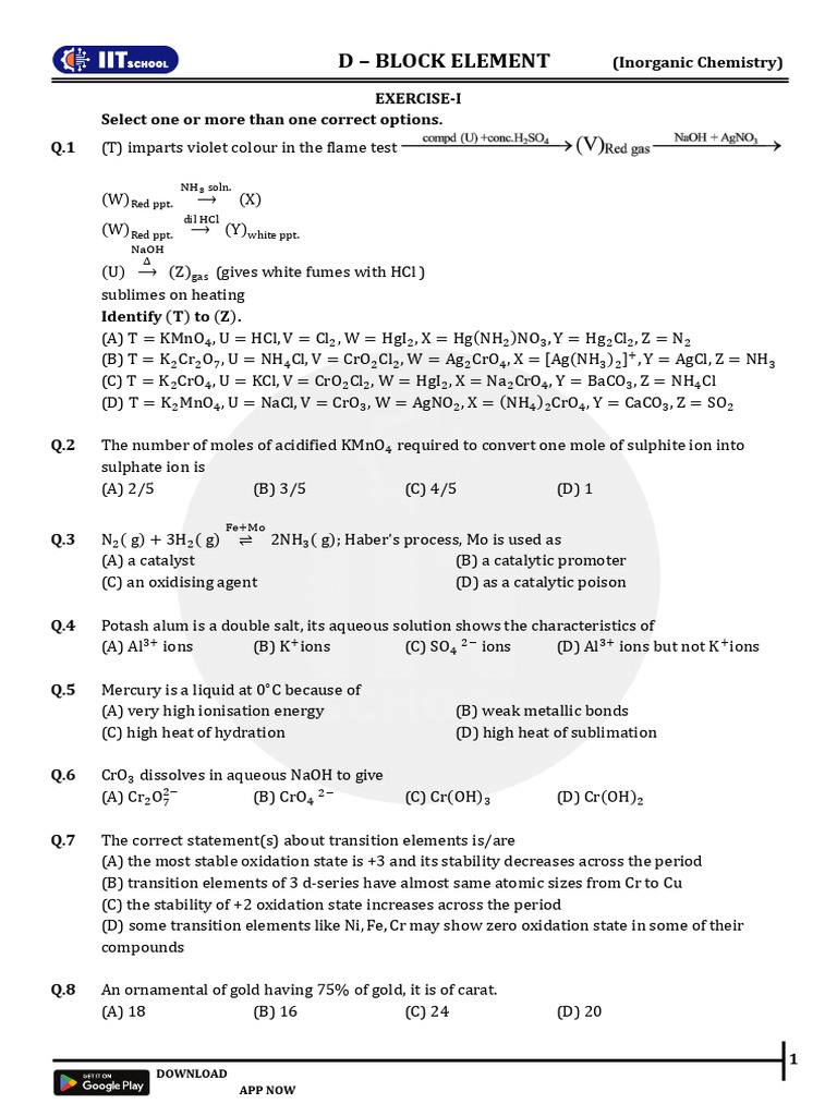 Sheet - 01 _ D-Block | PDF | Transition Metals | Chromium