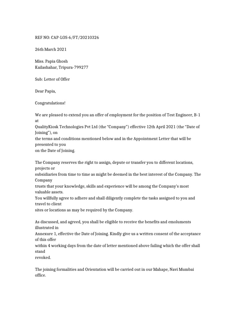 Employment Offer for Test Engineer | PDF