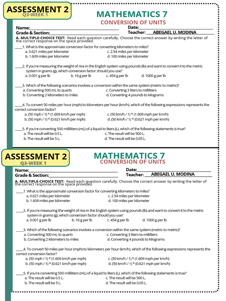 Math7 Assessment2 Q2-W3 | PDF | Pound (Mass) | Litre