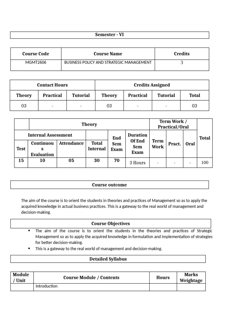 MT - SEM-6-Business Management Syllabus | PDF | Strategic Management | Cognitive Science