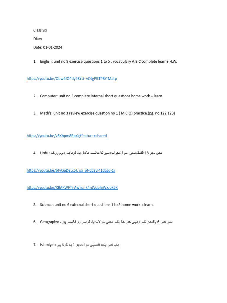 01-01-2024 Class Six Diary | PDF