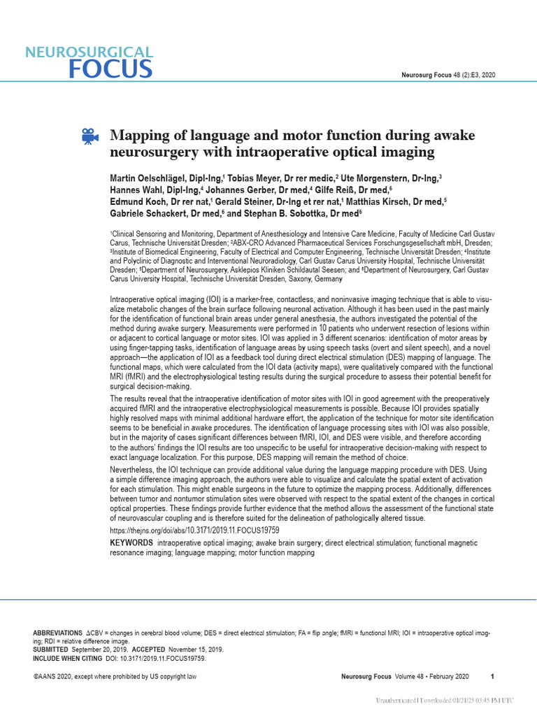Mapping of language and motor function during awake neurosurgery with intraoperative optical ...