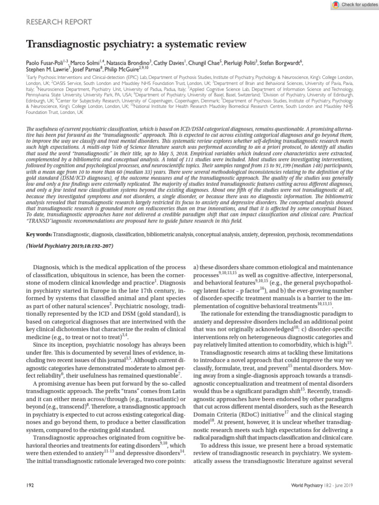 World Psychiatry - 2019 - Fusar‐Poli - Transdiagnostic psychiatry a ...