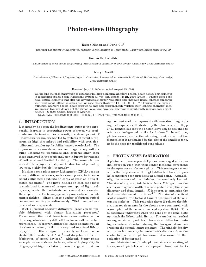 Photon-Sieve Lithography: Rajesh Menon and Dario Gil | PDF ...