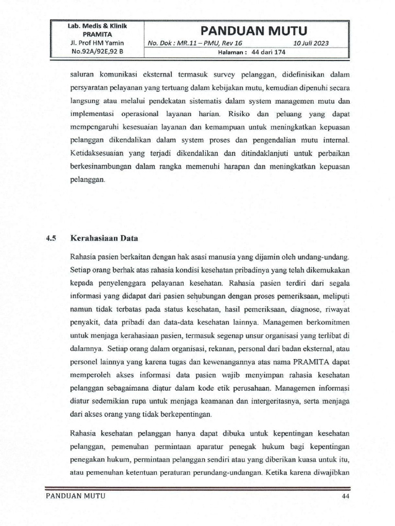 Panduan Mutu 4.5 Kerahasiaan Data | PDF