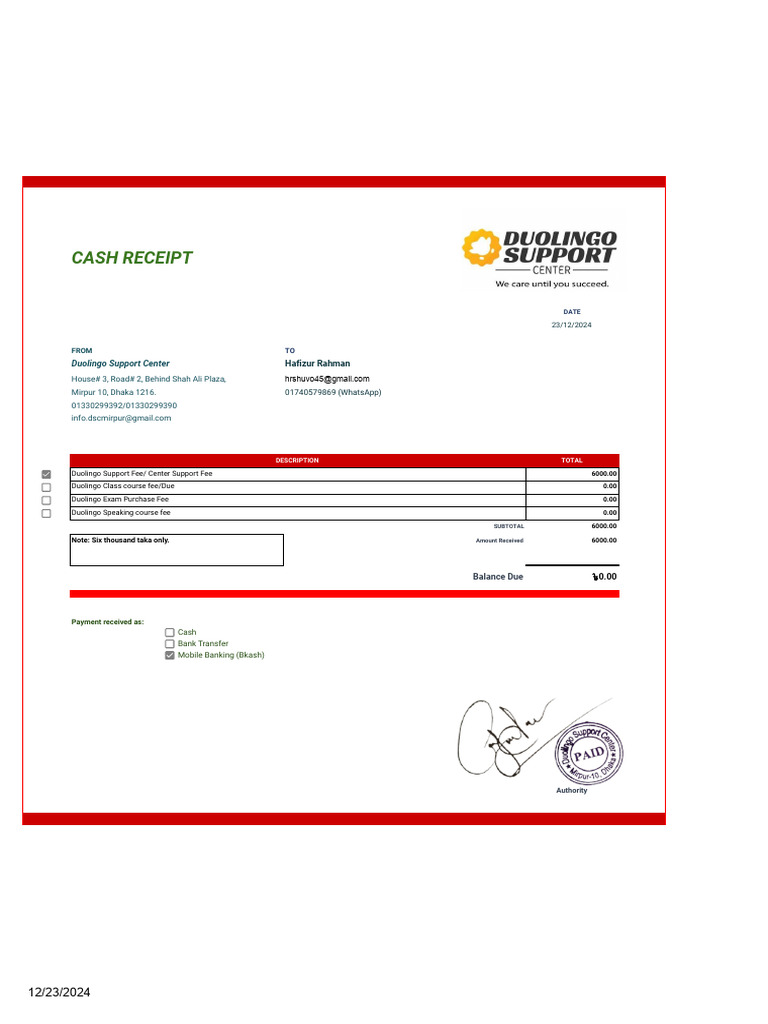 Duolingo Support Fee Receipt | PDF