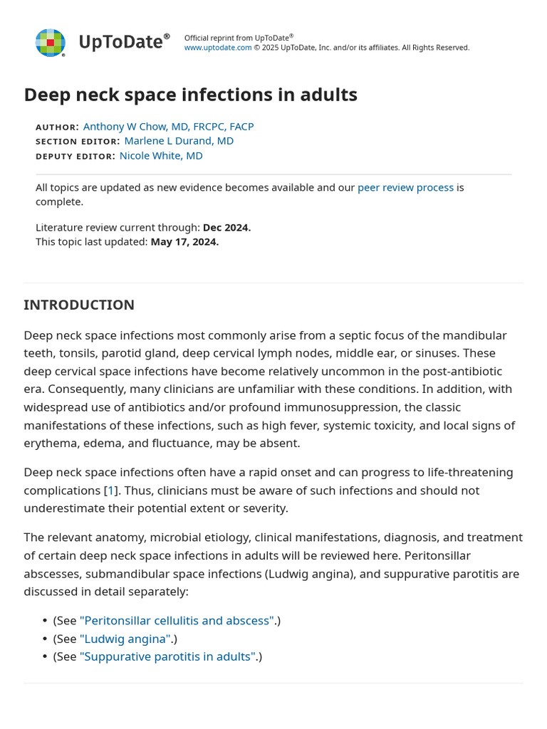 Deep Neck Space Infections in Adults - UpToDate | PDF | Common Carotid ...