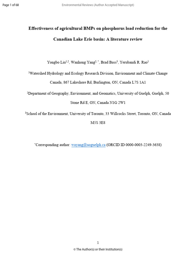 Liu Et Al 2025 Effectiveness of Agricultural Bmps On Phosphorus Load Reduction For The Canadian ...