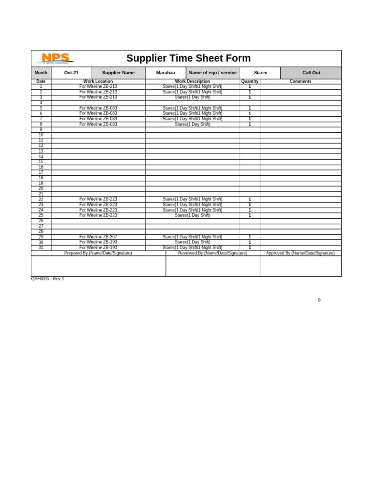Supplier Time Sheet October 2021 | PDF