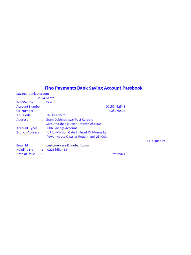 Fino Payments Bank Passbook Details | PDF