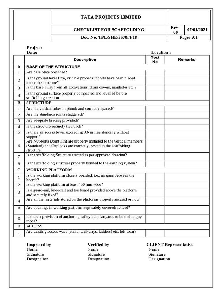 F18 Scaffolding Checklist | PDF | Scaffolding | Manufactured Goods