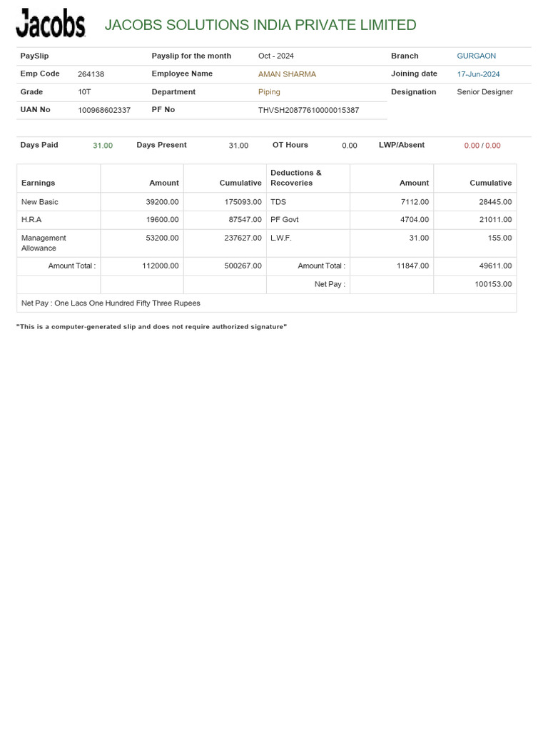 Payslip 264138 November - 2024 | PDF