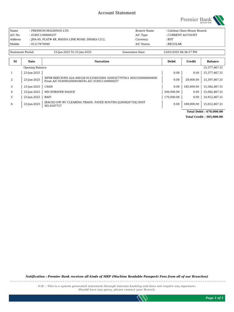PBL Statement 23 01 2025 | PDF | Banking Technology | Personal Finance
