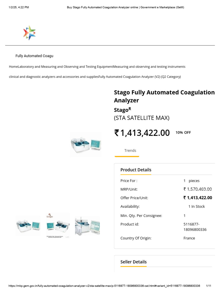 Buy Stago Fully Automated Coagulation Analyzer online _ Government e ...