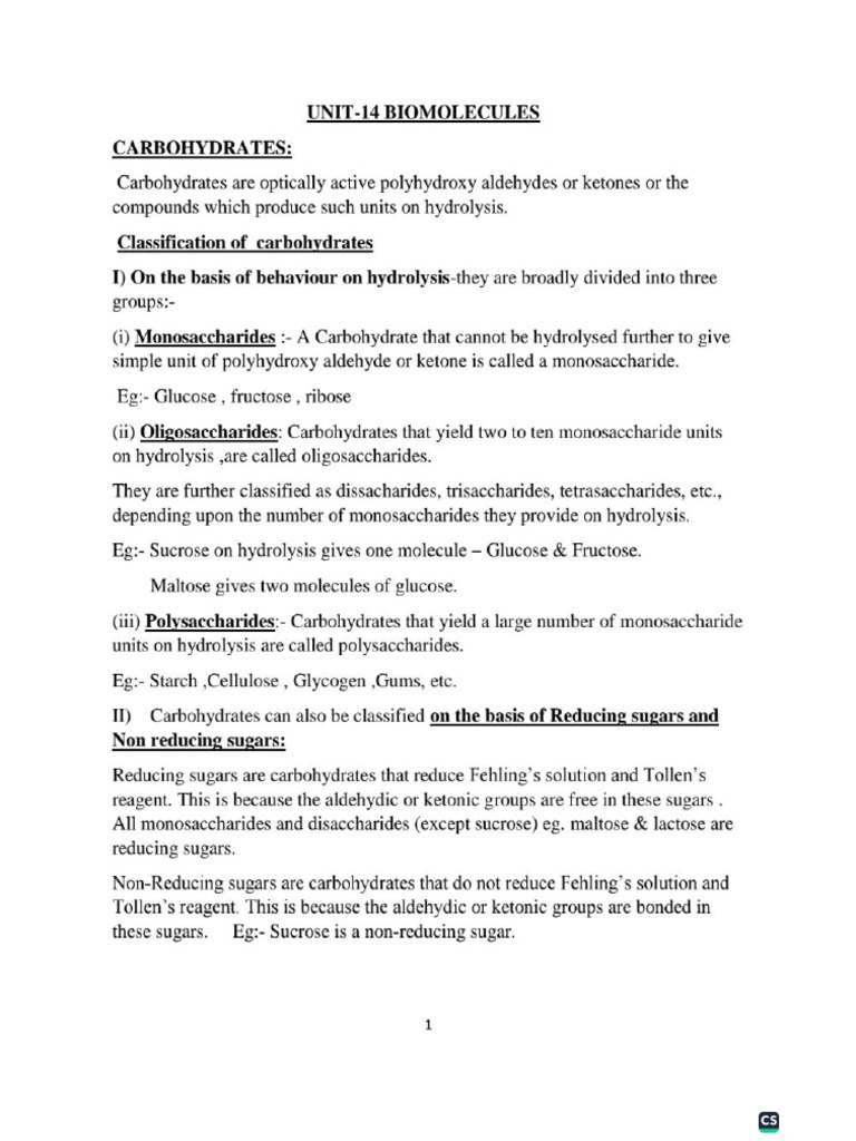 Unit-14 Biomolecules Notes | PDF