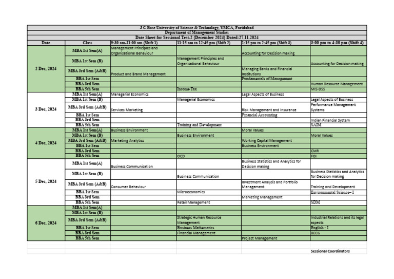 Sessional Exam Date Sheet - Dec 2024 | PDF | Master Of Business ...