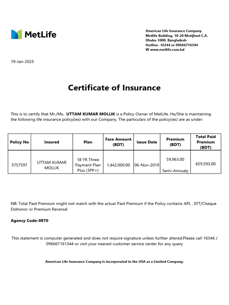 Metlife Certificate Final | PDF