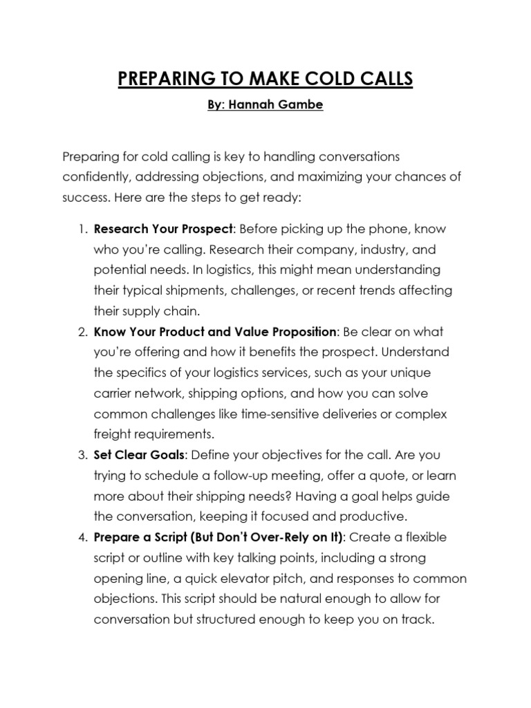 Preparing To Make Cold Calls | PDF | Psychological Resilience | Logistics