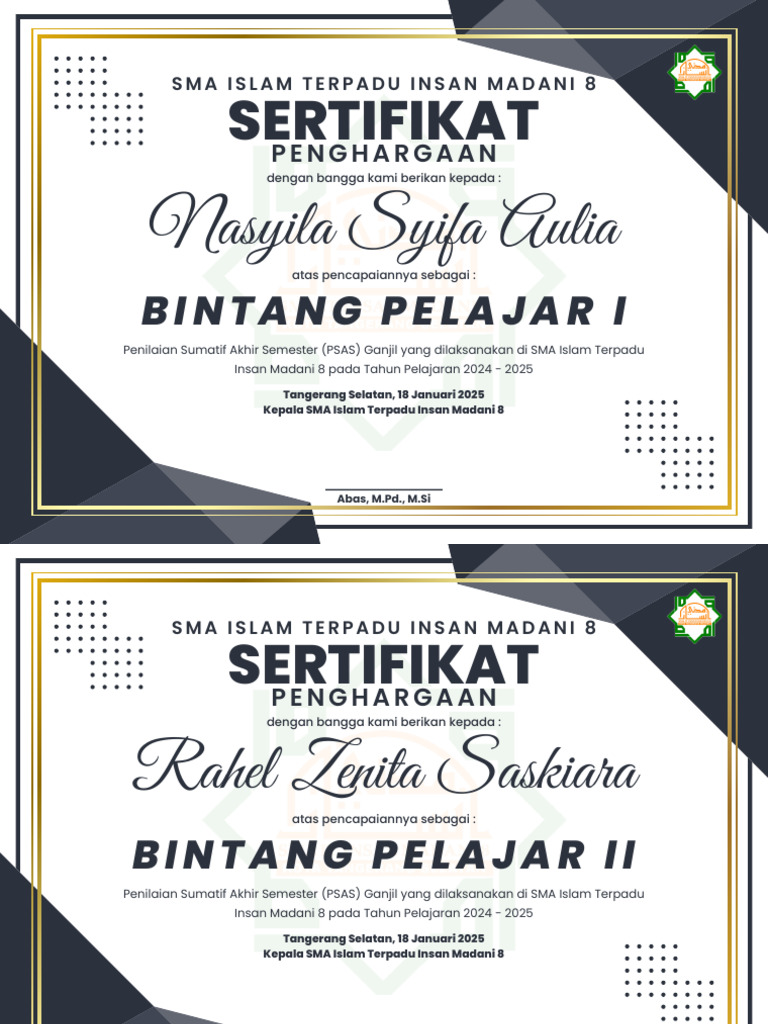 Sertifikat Bintang Pelajar PSAS 2425 | PDF