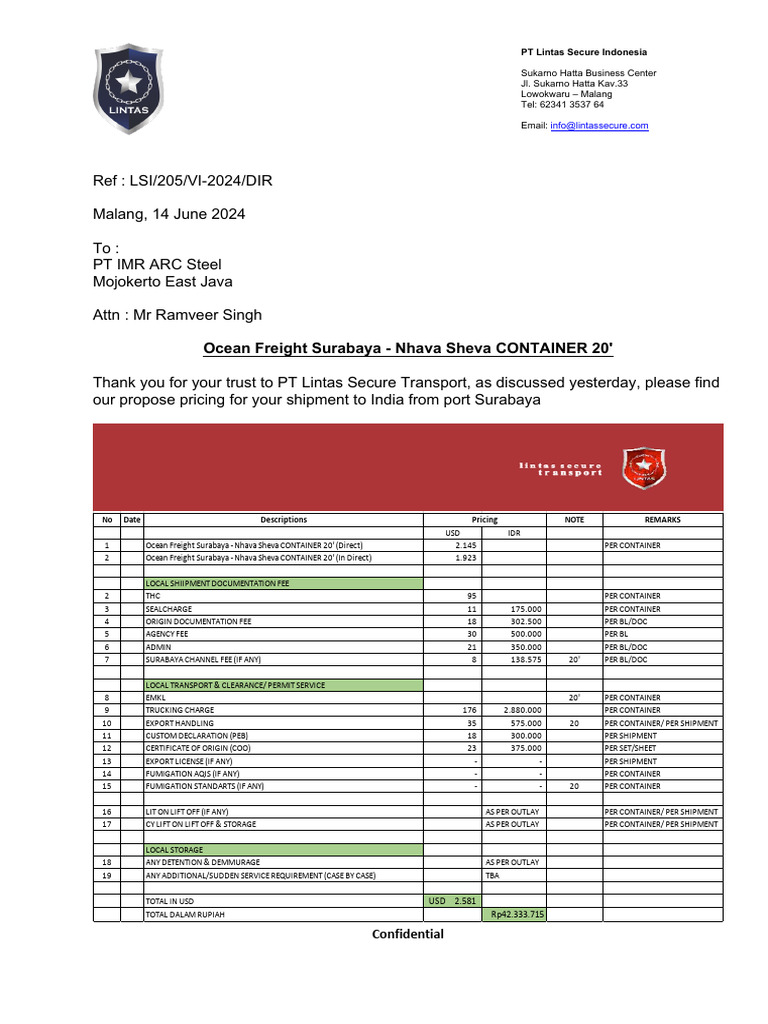 Quotation Sea Freight PT IMR Steel Rev3 | PDF | Cargo | Freight Transport
