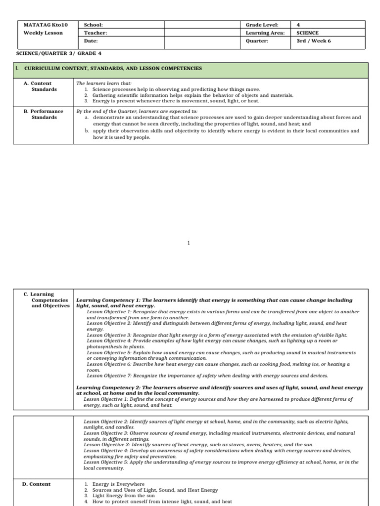 Science 4 - DLL - Q3 - Week 6 | PDF | Learning | Light