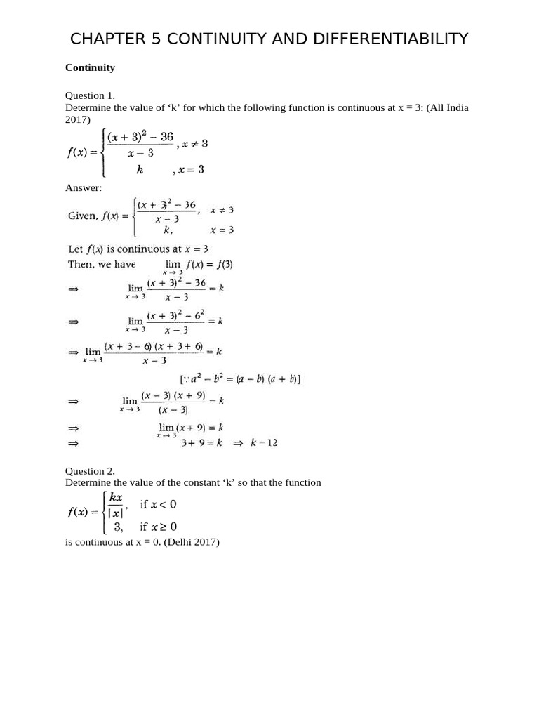 Continuity and Differentiability Class 12 Maths Important Questions Chapter 5 | PDF | Continuous ...