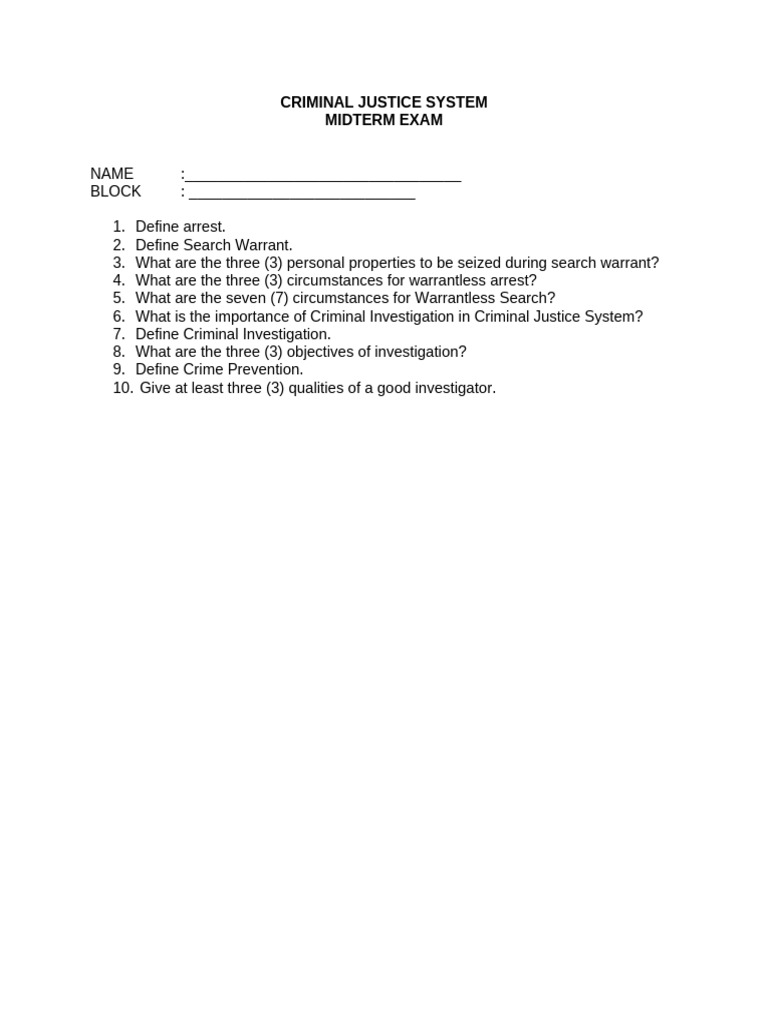 Criminal Justice System Midterm Exam | PDF