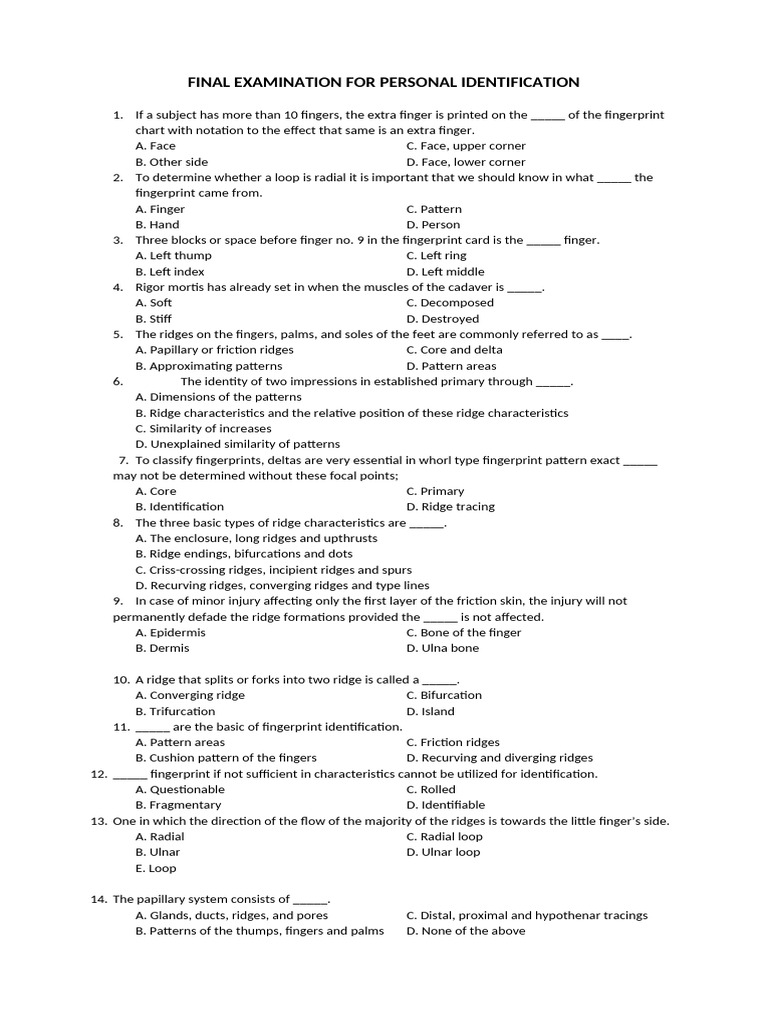 Personal Identification Final Exam Guide | PDF | Fingerprint | Hand