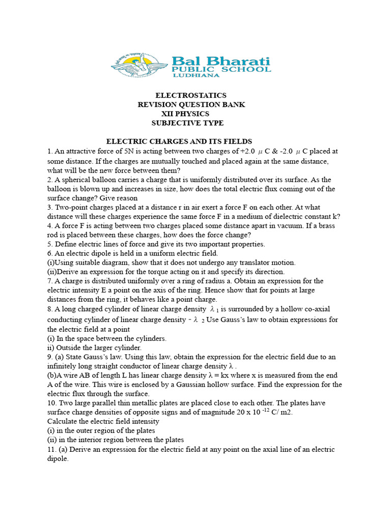 ELECTROSTATICS Subjective | PDF | Capacitance | Capacitor