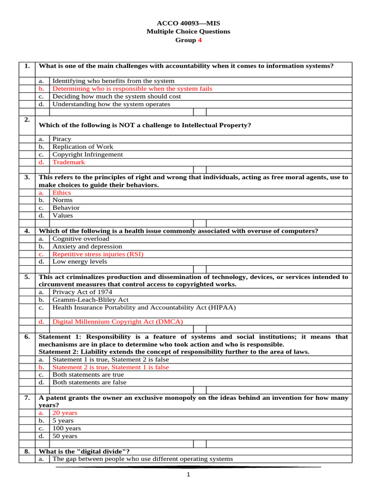 (Group 4) Ethical and Social Issues in Information Systems - MCQs | PDF | Copyright Infringement ...