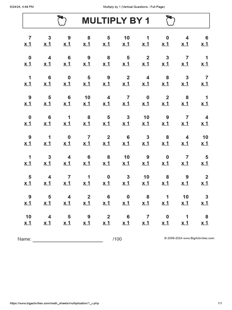 Multiply by 1 (Vertical Questions - Full Page) | PDF