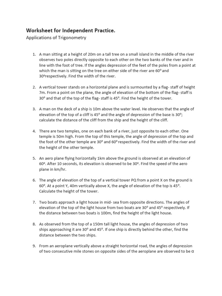Applications of Trigonometry Worksheet 2 | PDF | Height