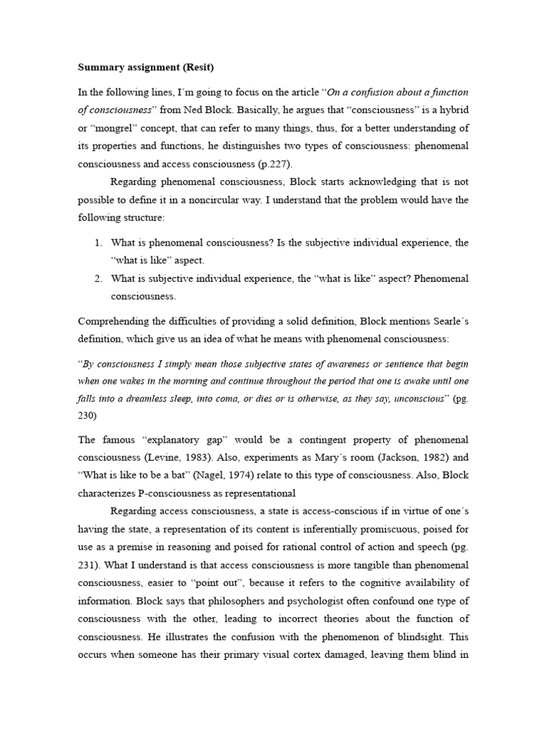 Summary Assignment (Resit) | PDF | Consciousness | Mind